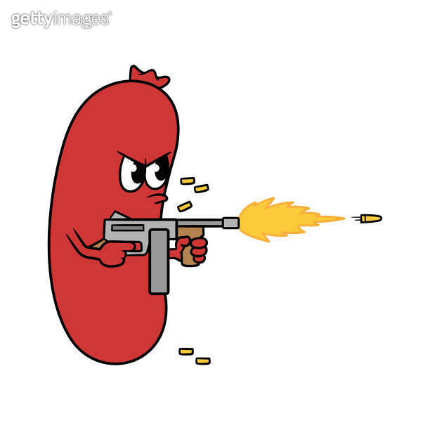 Cartoon Sausage Character Shooting a Machine Gun (1256418745) - 게티이미지뱅크