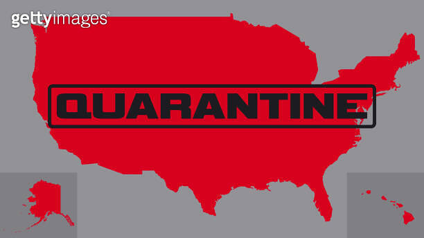 Quarantine area. Map of USA with quarantine sign. Red map on a grey ...