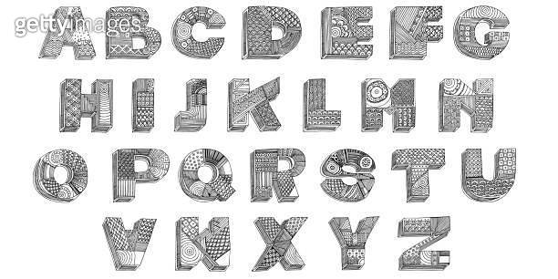 Hand drawing geometric ornamented alphabet. Simple black outline ABC ...