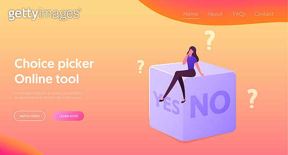 Random Selection, Making Hard Decision Landing Page Template. Tiny Female Woman Sitting on Huge ...
