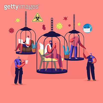 Home Isolation Concept. Characters Sitting in Cages Supervised with ...