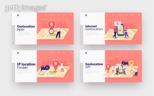 Navigation Positioning Landing Page Template Set. Tiny Characters at Huge Location Map, People ...