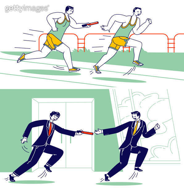 Relay Race Competition, Male Characters Running on Stadium and Office ...