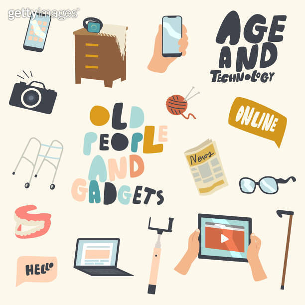 Set of Icons Seniors and Gadget Theme. Old People Use Devices Tablet Pc ...
