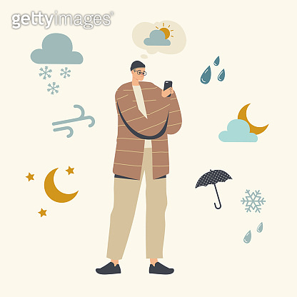 Character Watching Weather Forecast in Mobile App. Man Using Smartphone ...