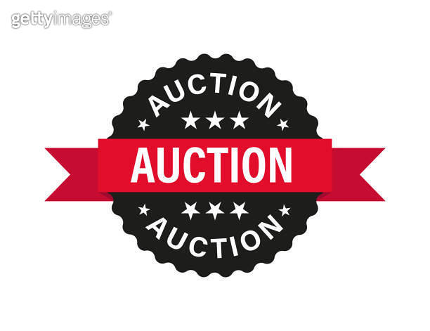 Auction sign or tag with red ribbon vector isolated. Business vector ...