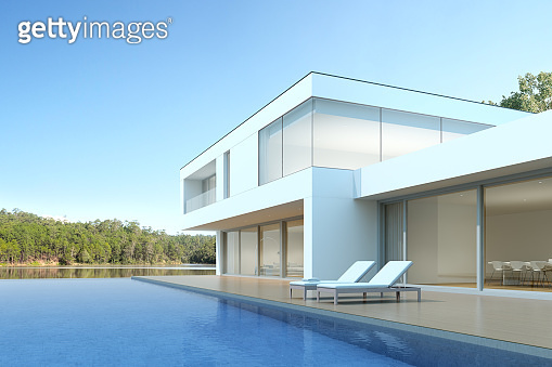 3D render of white modern house with swimming pool on lake background ...