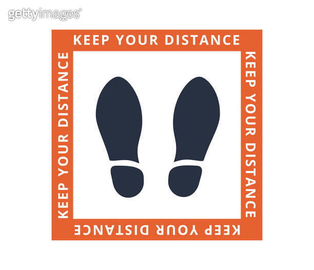 Vector of footprint sign red color with text keep your distance, 1m ...