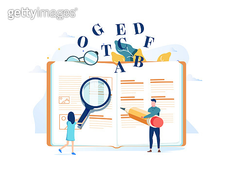 Dictionary vector illustration. Flat tiny translation book persons ...