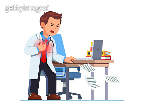 Doctor suffering sudden heart attack at workplace holding chest in pain ...
