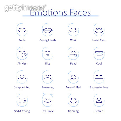 Emotions faces thin line icons set. Cute happy, sad, crying, angry ...