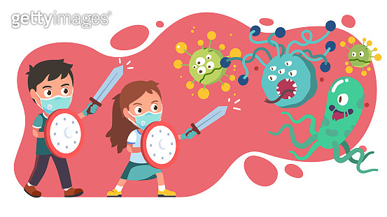 Girl, boy kids using swords, shields fight corona virus, flu and ...