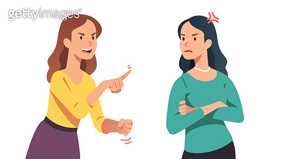 Two arguing women. Angry lady yelling, shaking clenched fist and ...