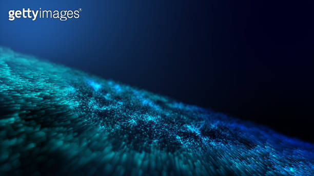 Glowing abstract digital cyber space blue wave. 3D motion shining ...