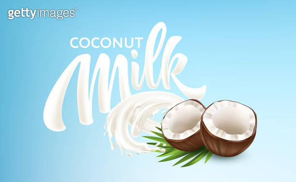 Realistic Bursts of Milk and Coconuts on a Blue Background. Milk ...