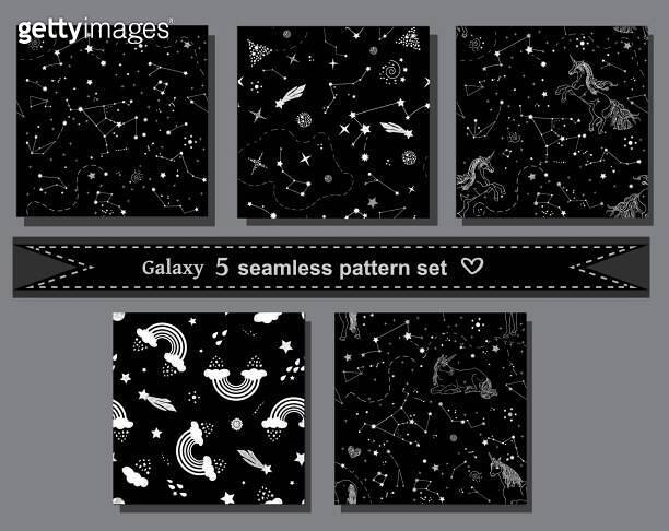 Cute monochrome galaxy pattern set with constellations, unicorns and ...