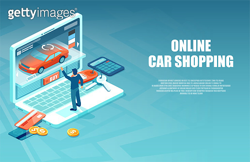 Vector of a man buying a car in the internet using auto configurator ...