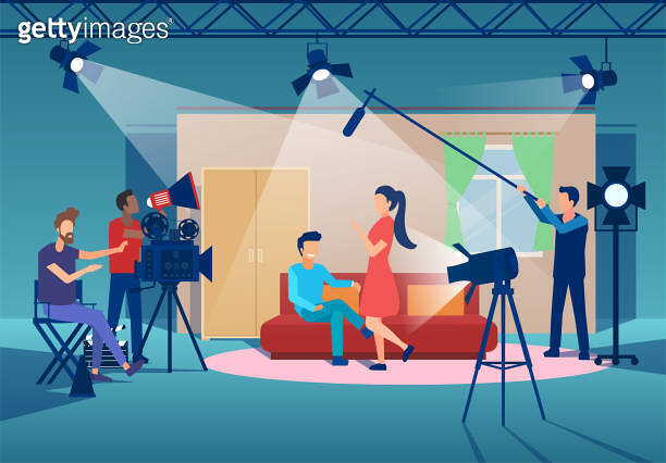 Vector of a film production with cinema people, camera man, director ...