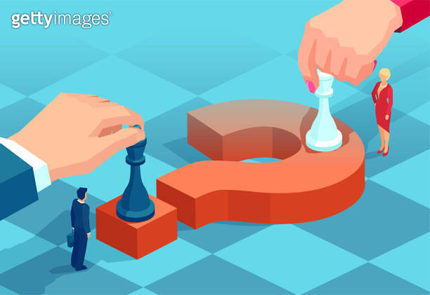 Vector of a businessman and businesswoman moving chess pieces on red ...