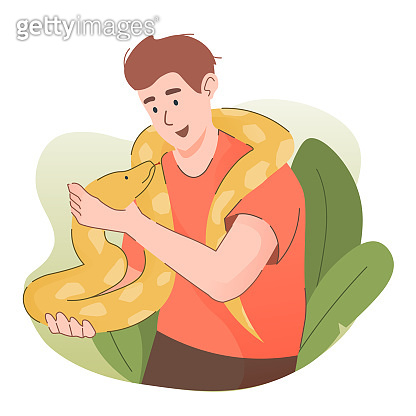 Man holding yellow python snake. People and pet concept (1255200838 ...