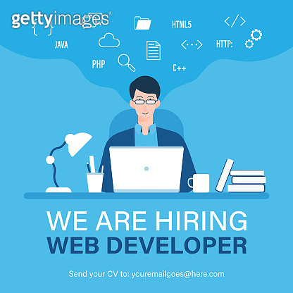 Web developer job vacancy template with programmer working on laptop ...