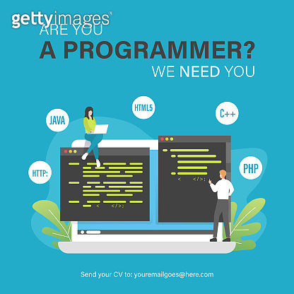 Programmer job vacancy template with people and laptop illustration ...