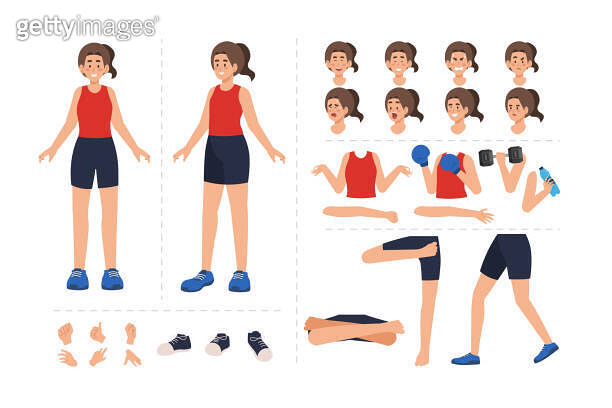 Sport girl cartoon character with various facial expressions, hand ...