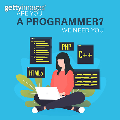 Programmer job vacancy template with woman programmer working on laptop ...