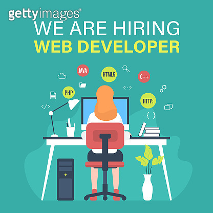 Web developer job vacancy template with woman programmer working on ...