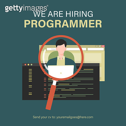 Programmer job vacancy template with magnifying glass searching people ...