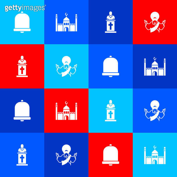 Set Church bell, Muslim Mosque, pastor preaching and Jesus Christ icon ...