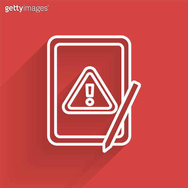 White line Graphic tablet with exclamation mark icon isolated with long ...