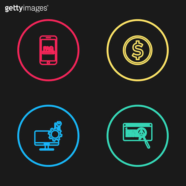 Set line Computer monitor service, System bug concept, Coin money with dollar and Mobile FAQ ...