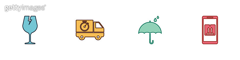 Set Fragile broken glass, Delivery truck and stopwatch, Umbrella rain drops and Mobile with app ...