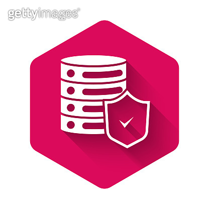 White Server with shield icon isolated with long shadow. Protection ...