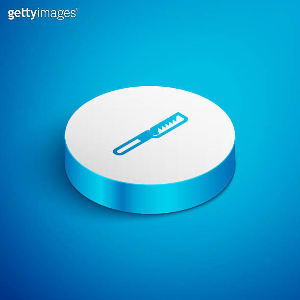 Isometric line Medical saw icon isolated on blue background. Surgical ...