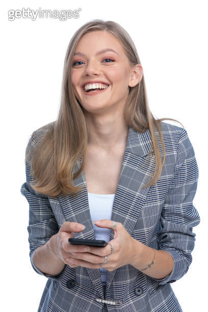 happy young businesswoman reading emails and laughing 이미지 (1277130575 ...