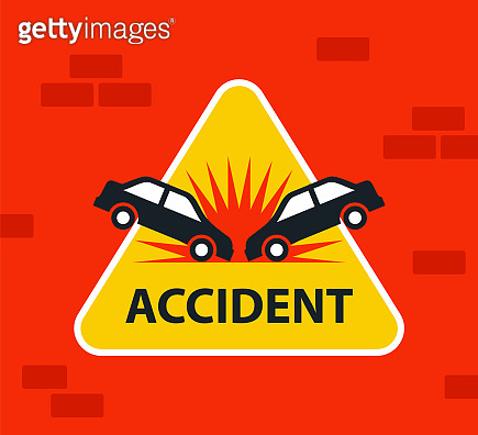 triangular yellow car accident sign. head-on collision of vehicles on ...