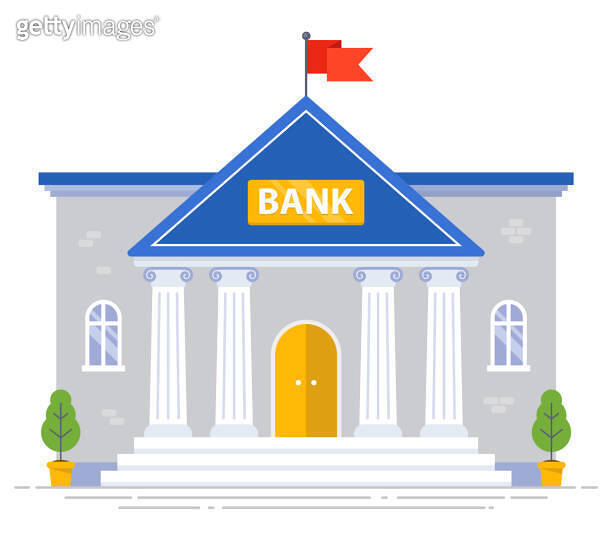 White bank building with columns and flag on the roof isolated ...