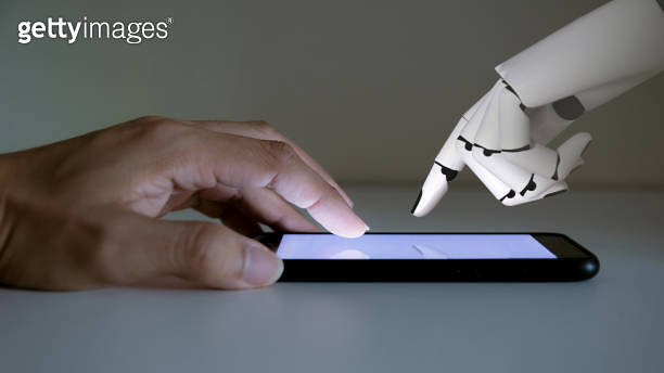 Human hand and robot hand artificial intelligence technology touch ...