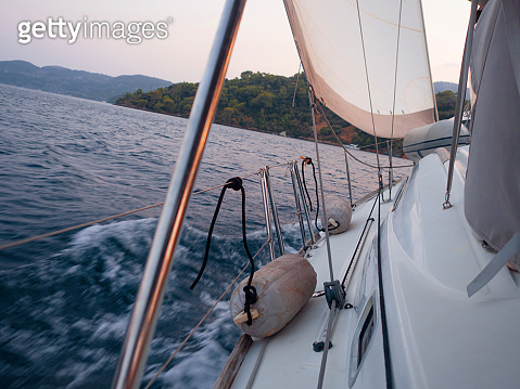 Tailwind, the concept of moving forward on all sails. Boat trip on a ...
