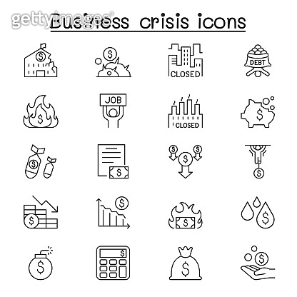 Economic recession, business crisis, trade war icon set in thin line ...