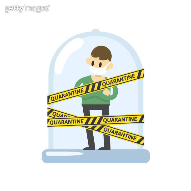 Young cartoon man under a glass dome with yellow-black "quarantine ...