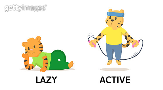 Words lazy and active flashcard with cartoon animal characters ...