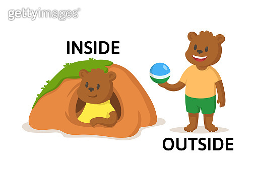 Words inside and outside flashcard with cartoon animal characters ...
