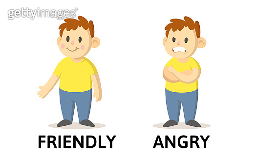 Words friendly and angry flashcard with cartoon boy characters ...