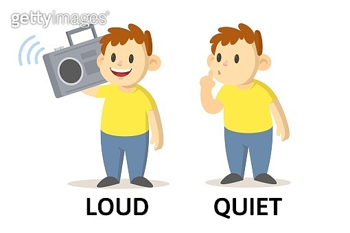 Words quiet and loud flashcard with cartoon characters. Opposite ...