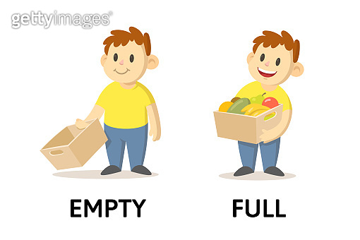 Words empty and full flashcard with cartoon characters. Opposite ...