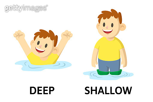 Words deep and shallow flashcard with cartoon characters. Opposite ...