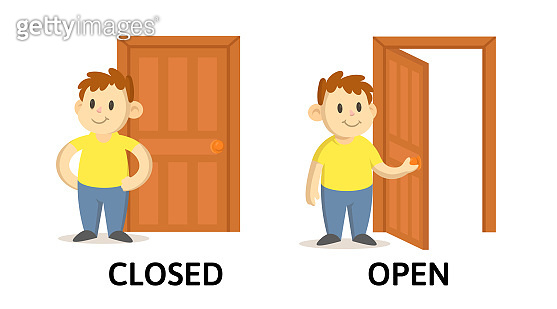 Words closed and open flashcard with cartoon characters. Opposite ...